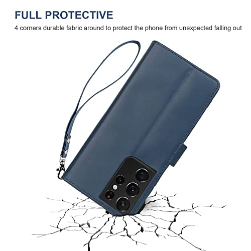 ONETOP for Samsung Galaxy S21 Ultra Wallet Case with Card Holder, Genuine Leather RFID Blocking Kickstand Wireless Charging Compatible, Long Magnetic Clasp Folio Cover with Wrist Strap 6.8 Inch Blue