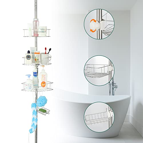 shower caddy corner organizer for bathroom,caddy shelves cirner storage bathtub shampoo holder rack with rustproof stainless tension pole 4-tier adjustable stand on floor 100-130 inches height