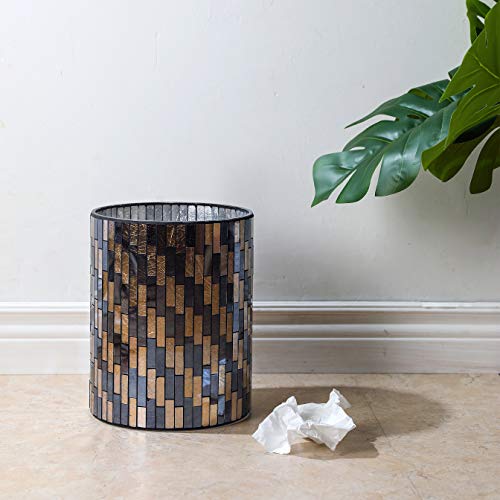 WHOLE HOUSEWARES | Bathroom Wastebasket | Mosaic Glass Decoration | Bathroom Trash Can | Bathroom Accessory | Shiny Glass Garbage Can | 7.5" x 10" (Black/Gold)