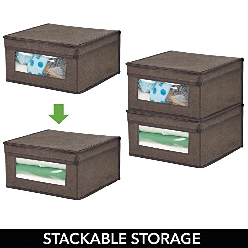 mDesign Medium Fabric Stackable Closet Storage Organizer Bin Box with Front Window and Lid for Bedroom, Office, Mudroom Organization - Holds Clothes, Blankets, Linens, Lido Collection - Espresso Brown