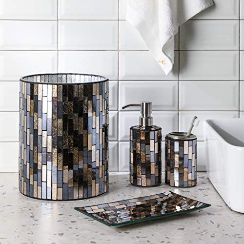 WHOLE HOUSEWARES | Bathroom Wastebasket | Mosaic Glass Decoration | Bathroom Trash Can | Bathroom Accessory | Shiny Glass Garbage Can | 7.5" x 10" (Black/Gold)