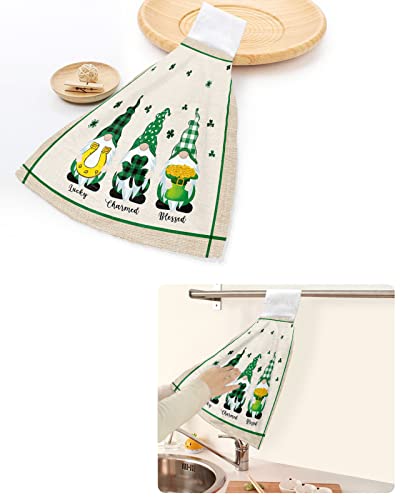 Kitchen Hanging Towel, Hand Towels with Loop Vintage Irish Lucky Gnome 1 Pack Soft Absorbent Tie Towel for Bathroom St. Patrick's Day Clovers on Chic Linen Tea Bar Dish Cloths Home Cleaning Terry