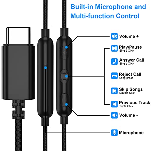 USB C Headphones with Mic for iPad Air 2024 Samsung S24 Ultra S23 S22 A55 A35 iPhone 15 Pro Max, USB Type C Wired Earbuds In-ear Headset for OnePlus Open 12 11 9 Galaxy Z Fold 5 Google Pixel 8 Pro 7 6