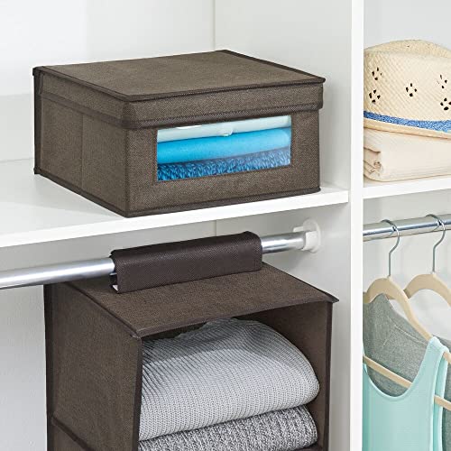 mDesign Medium Fabric Stackable Closet Storage Organizer Bin Box with Front Window and Lid for Bedroom, Office, Mudroom Organization - Holds Clothes, Blankets, Linens, Lido Collection - Espresso Brown