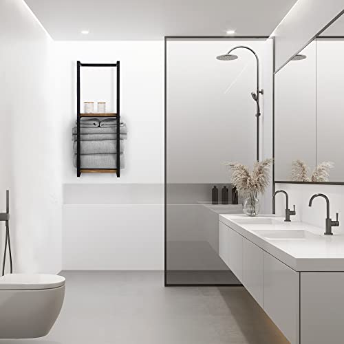 Stylish Bathroom Towel Storage Rack with Wooden Shelves β Modern & Space Saving Organizer for Wall Mount That Easily Holds 8 Large Towels - The Perfect Towel Holder to Enhance Your Bathroom Decor