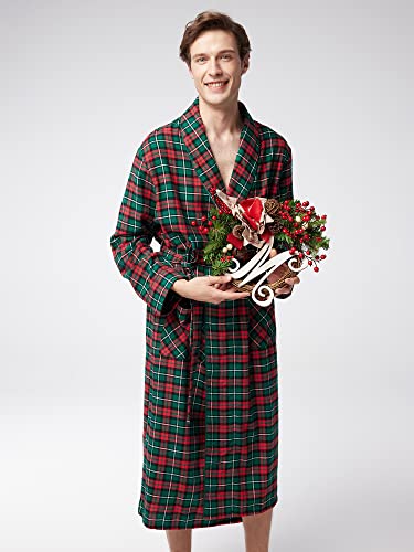SIORO Mens Robes Flannel 100% Cotton Plaid Bath Robe Soft Flannel Bathrobe Sleepwear for Bath Shower Lounging, Christmas Red and Green Plaid, Large
