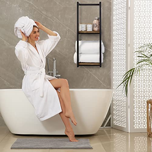 Stylish Bathroom Towel Storage Rack with Wooden Shelves β Modern & Space Saving Organizer for Wall Mount That Easily Holds 8 Large Towels - The Perfect Towel Holder to Enhance Your Bathroom Decor