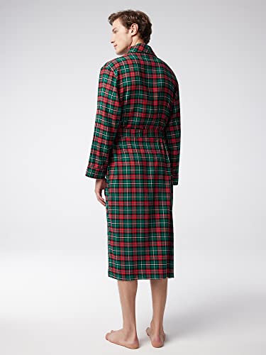 SIORO Mens Robes Flannel 100% Cotton Plaid Bath Robe Soft Flannel Bathrobe Sleepwear for Bath Shower Lounging, Christmas Red and Green Plaid, Large