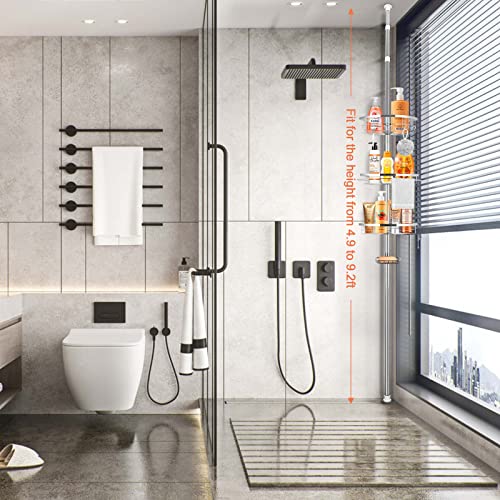 GOODBUY Corner Shower Caddy Tension Pole, Stainless Steel Bathroom Shower Organizer, Shower Rack Shower Shelf Corner with 4 Tier Adjustable Baskets, 4.9ft to 9.2ft, Silver