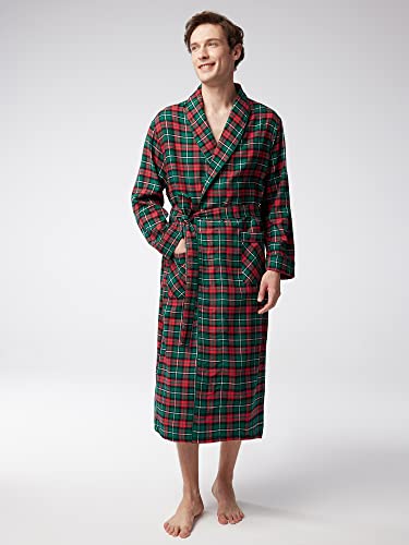 SIORO Mens Robes Flannel 100% Cotton Plaid Bath Robe Soft Flannel Bathrobe Sleepwear for Bath Shower Lounging, Christmas Red and Green Plaid, Large