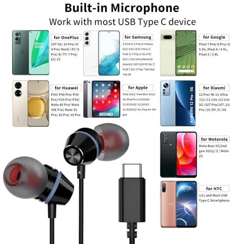 USB C Headphones with Mic for iPad Air 2024 Samsung S24 Ultra S23 S22 A55 A35 iPhone 15 Pro Max, USB Type C Wired Earbuds In-ear Headset for OnePlus Open 12 11 9 Galaxy Z Fold 5 Google Pixel 8 Pro 7 6