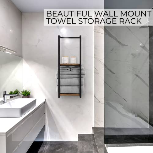 Stylish Bathroom Towel Storage Rack with Wooden Shelves β Modern & Space Saving Organizer for Wall Mount That Easily Holds 8 Large Towels - The Perfect Towel Holder to Enhance Your Bathroom Decor