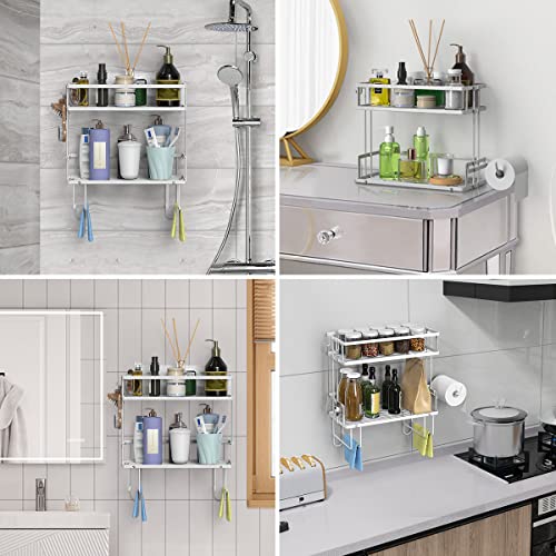FLOLXNB Over The Toilet Storage Shelf, 2-Tier Bathroom Storage Organizer Upgrade Punch-Free Toliet Storage Shelf, Home Storage Rack with Hooks Shelf,White