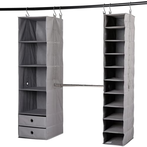 BIRDROCK HOME 5pc Hanging Closet Organizer System with Storage Shelves - Grey - Shoe Clothing Organization - Great for College Dorms or Kid Bedrooms Nursery