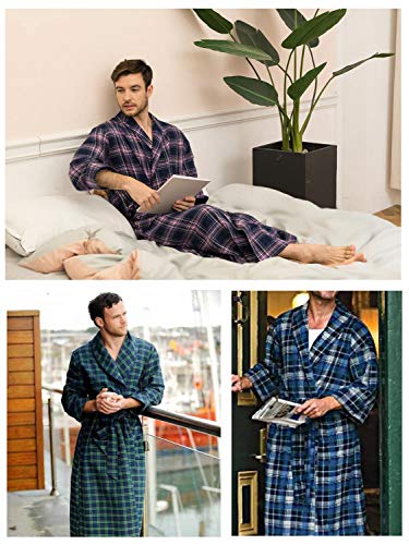 SIORO Mens Robes Flannel 100% Cotton Plaid Bath Robe Soft Flannel Bathrobe Sleepwear for Bath Shower Lounging, Christmas Red and Green Plaid, Large