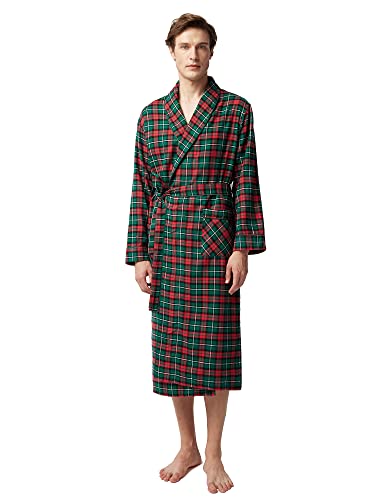 SIORO Mens Robes Flannel 100% Cotton Plaid Bath Robe Soft Flannel Bathrobe Sleepwear for Bath Shower Lounging, Christmas Red and Green Plaid, Large