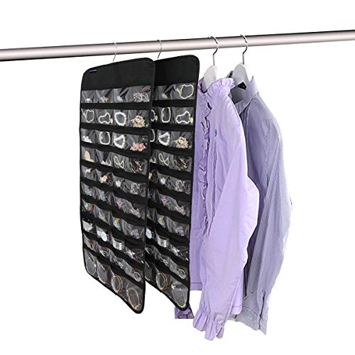 TabEnter Double-Sided Jewelry Hanging Organizer Display Hanger Small Tools Holder with 80 Clear Pockets (Black)