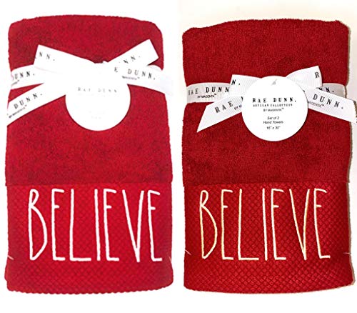 Rae Dunn Set of 2 Embroidered Believe Red Hand Towels for Christmas Bathroom Decor, Christmas Hand Towels, Christmas Decorations