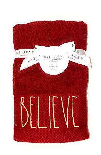 Rae Dunn Set of 2 Embroidered Believe Red Hand Towels for Christmas Bathroom Decor, Christmas Hand Towels, Christmas Decorations