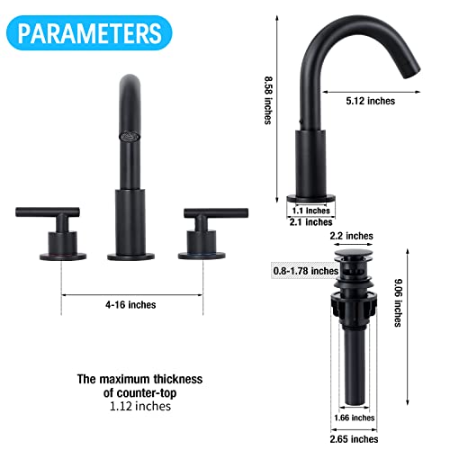 FGKQ Bathroom Faucet for Sink 3 Hole, 8 inch Widespread Bathroom Faucet, 2 Handle High Arc Matte Black Bathroom Sink Faucets with Pop-Up Drain and Water Supply Lines