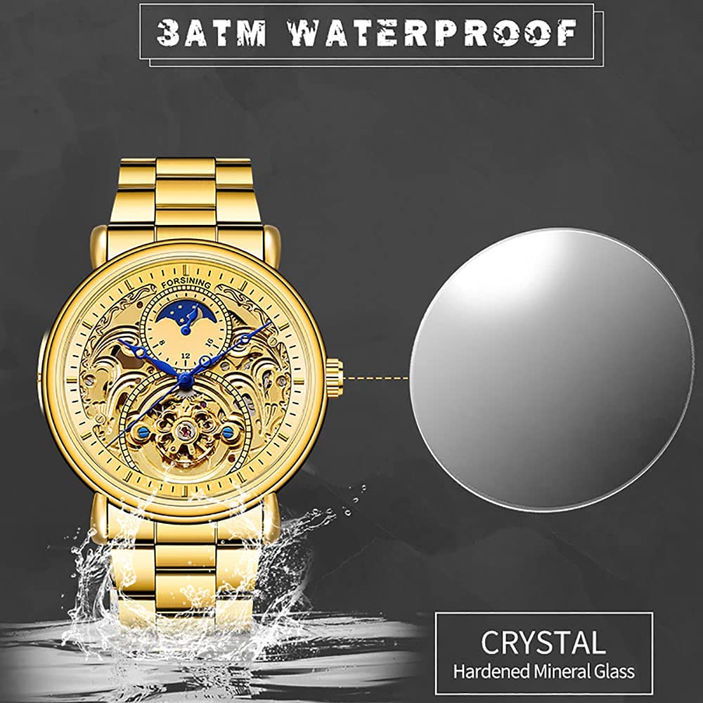 Tiong Mens Skeleton Automatic Mechanical Watch Golden Vintage Moon Phase Steel Male Wristwatch