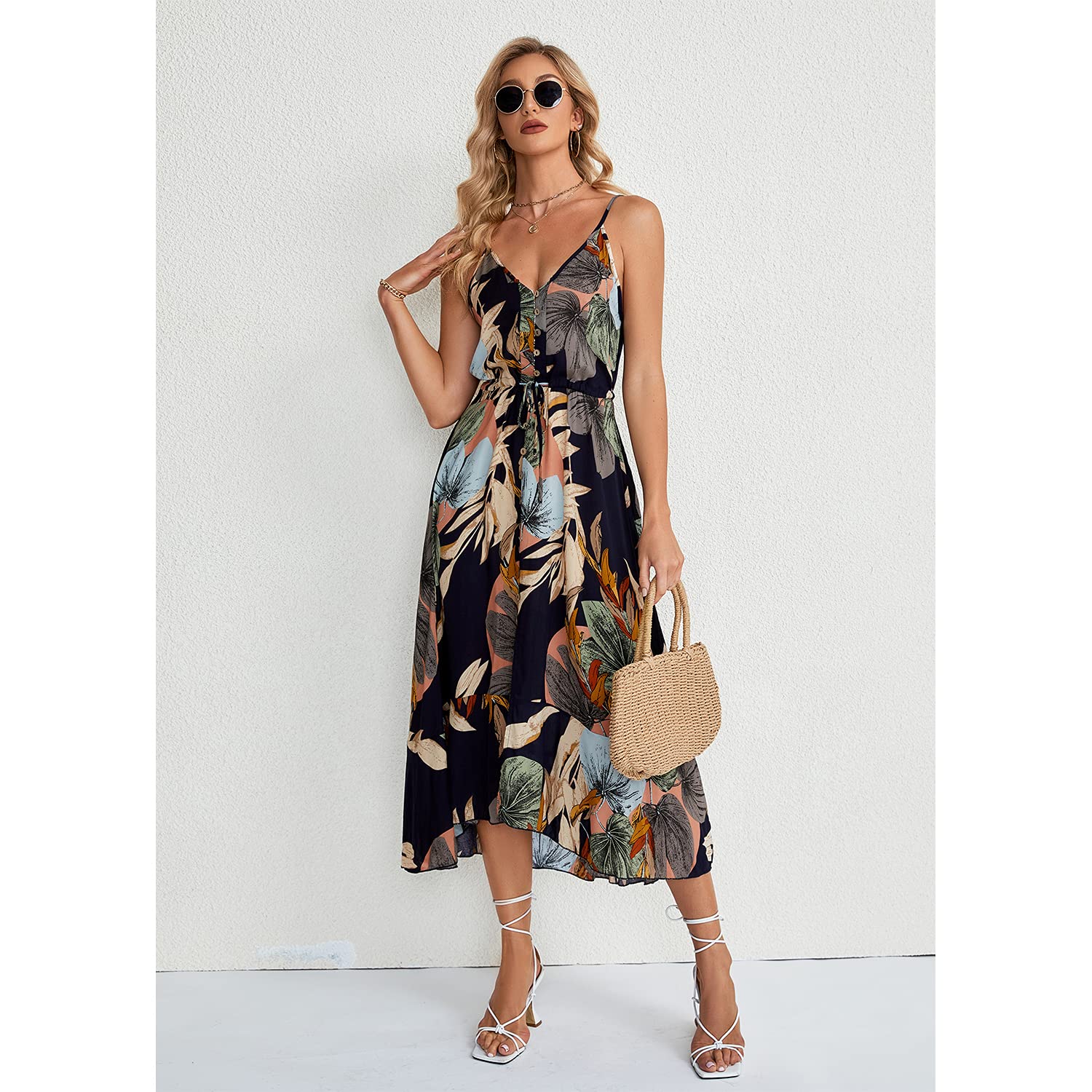 BROVAVE Women's 2025 Summer Casual Boho Sundress Polka Dot Spaghetti Strap V Neck Flowy Midi Dresses(008 Black, Large)