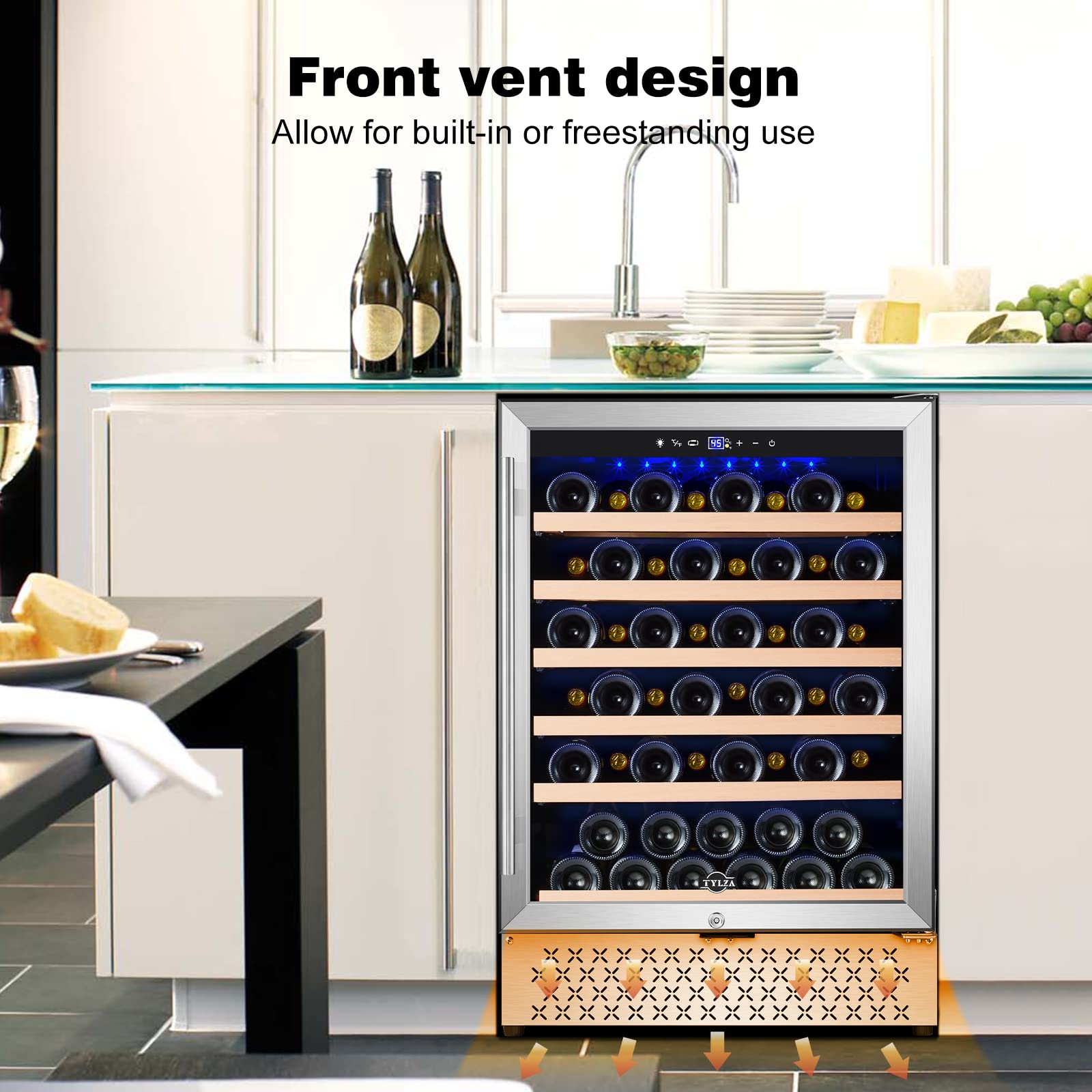 Tylza 24 Inch Wine Cooler Refrigerator 51 Bottle Built-in or Freestanding 24'' Fridge with Stainless Steel & Double Layer Tempered Glass Door and Temperature Memory Function
