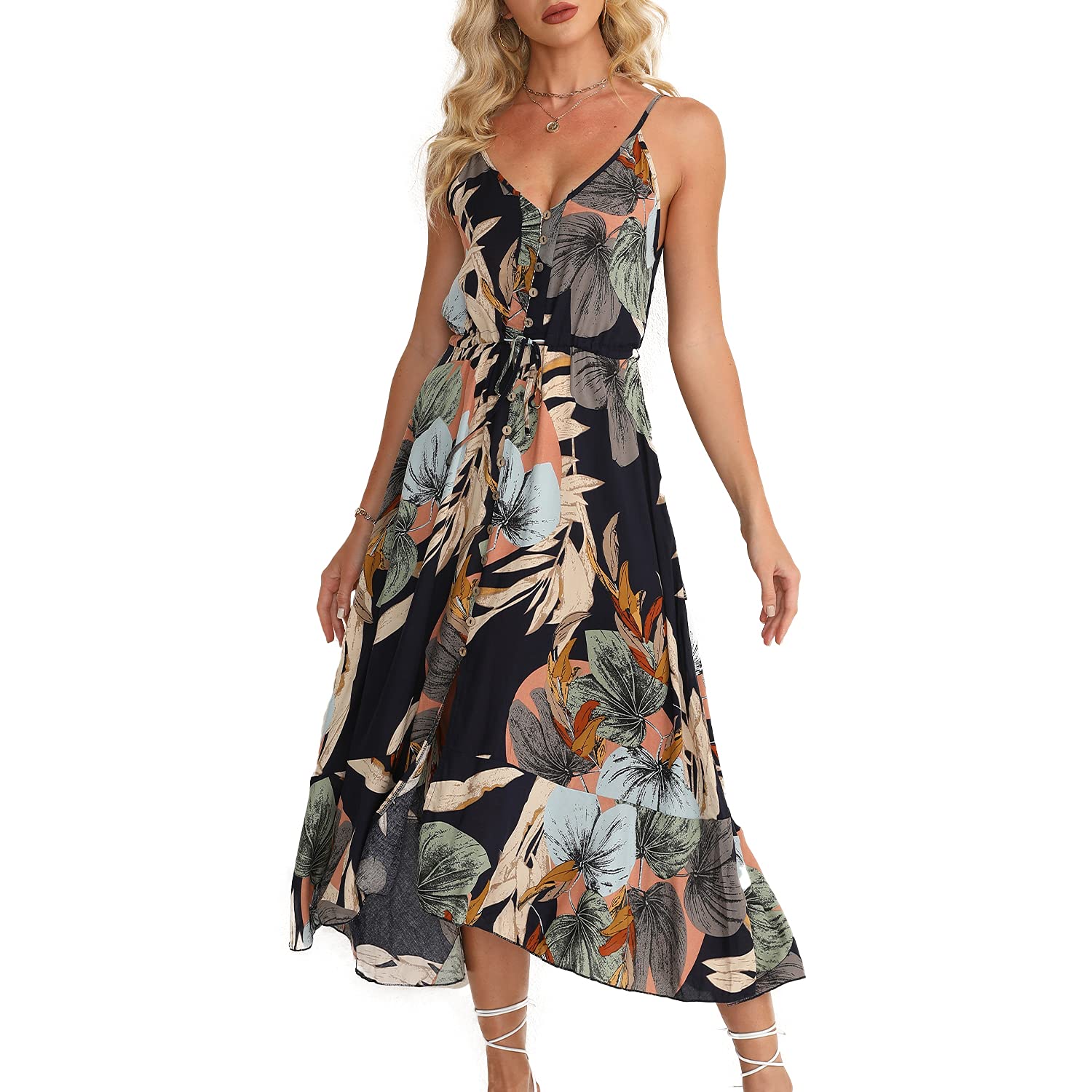 BROVAVE Women's 2025 Summer Casual Boho Sundress Polka Dot Spaghetti Strap V Neck Flowy Midi Dresses(008 Black, Large)