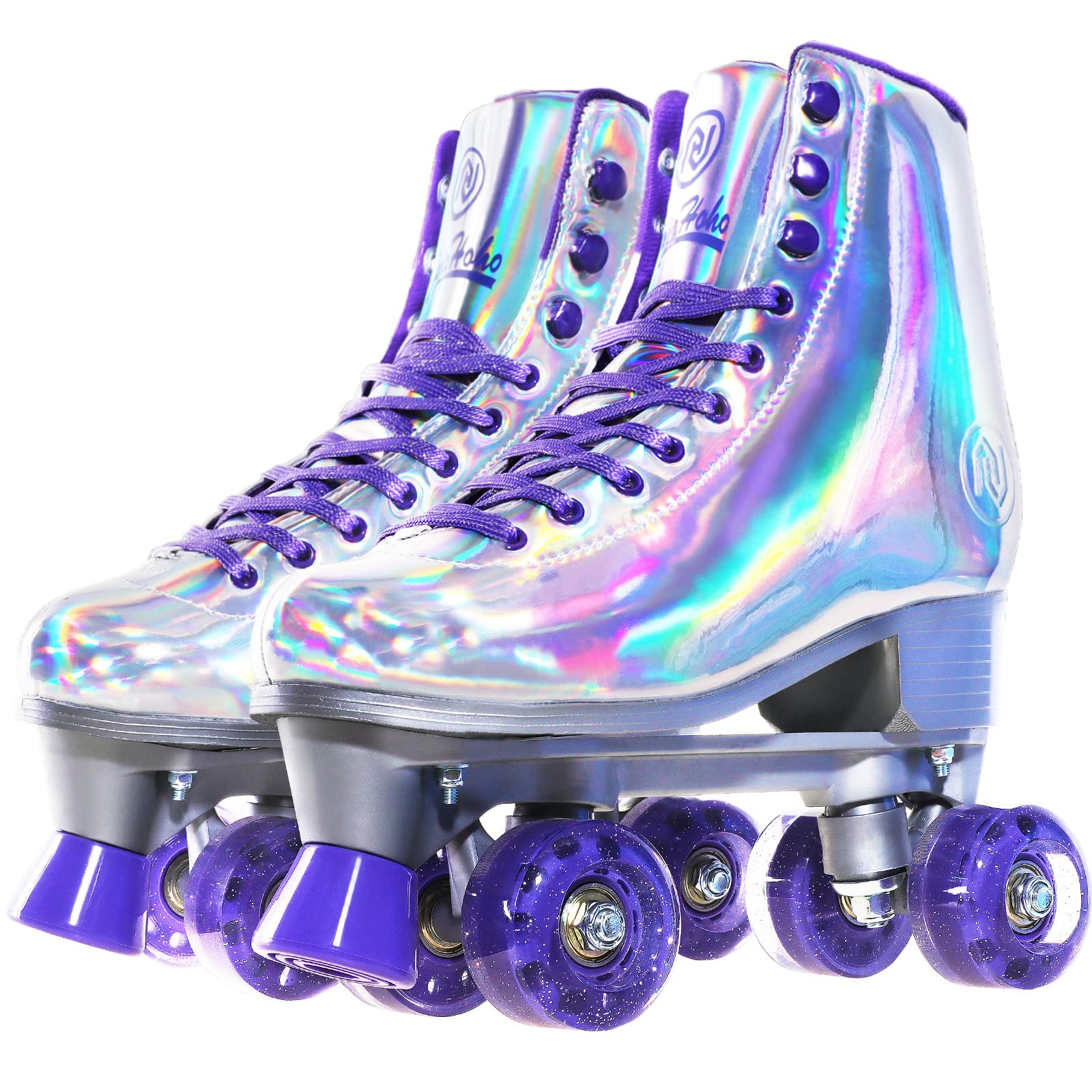 JajaHoho Roller Skates for Women, Holographic High Top Classic Rollerskates, Shiny Double-Row Glitter Four Wheels Quad Skates for Girls, Age 3-50, Indoor &Outdoor (Size 7, Silver Purple)