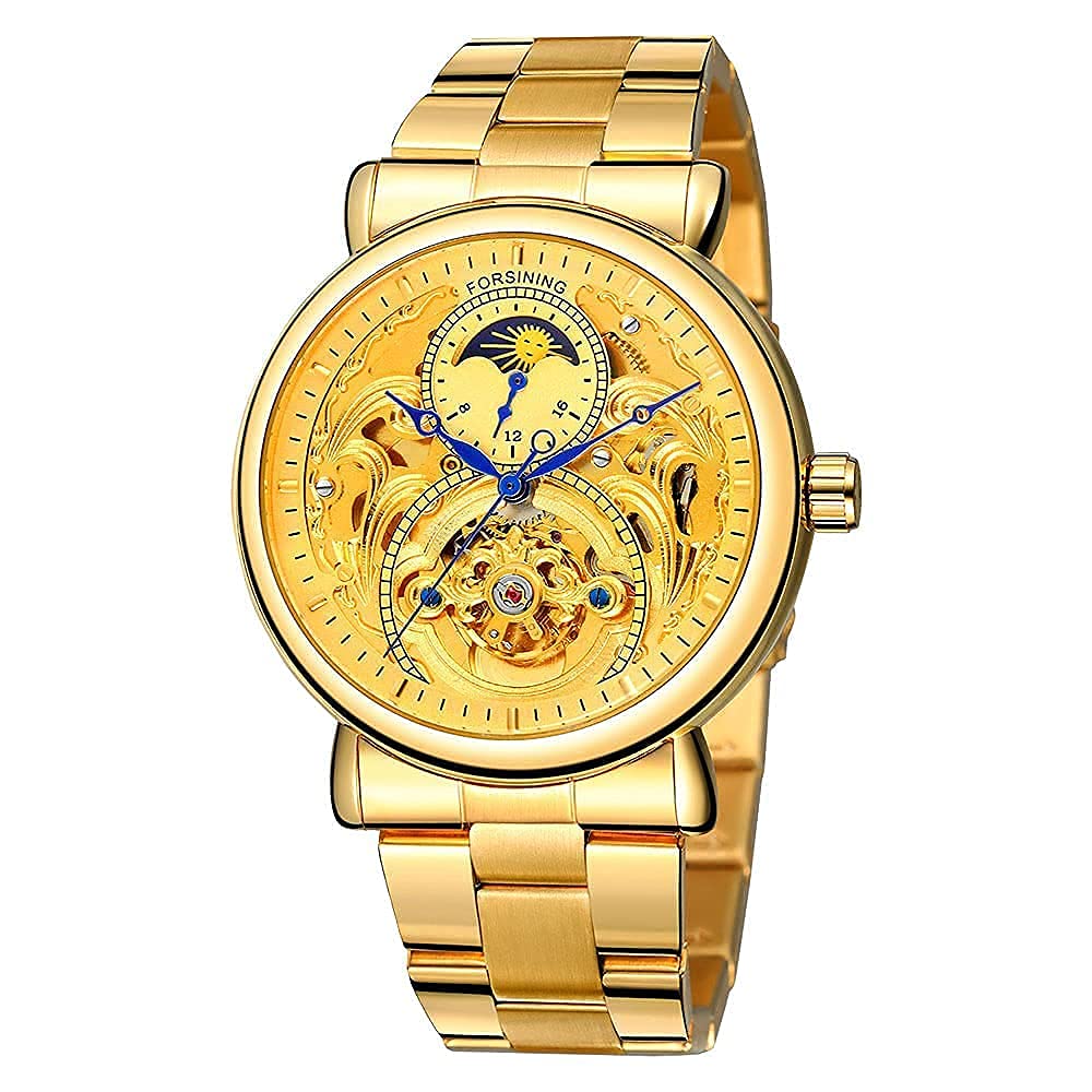 Tiong Mens Skeleton Automatic Mechanical Watch Golden Vintage Moon Phase Steel Male Wristwatch
