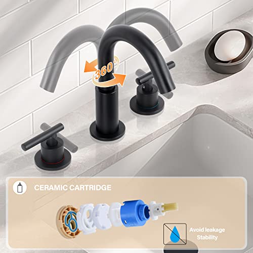 FGKQ Bathroom Faucet for Sink 3 Hole, 8 inch Widespread Bathroom Faucet, 2 Handle High Arc Matte Black Bathroom Sink Faucets with Pop-Up Drain and Water Supply Lines