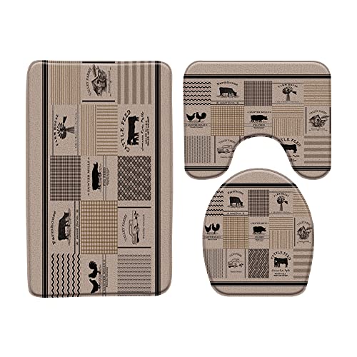 3 Piece Farmhouse Bath Mat Sets Sawyer Mills Farm Animal Cow Pig Rooster Windmill Rustic Plaid Stripes Vintage Rustic Farmhouse Bathroom Doormat Rugs, Toilet Seat Cover, U-Shaped and Floor Mat