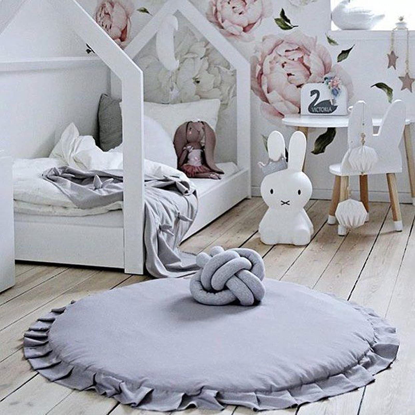 ABREEZE Baby Cotton Play Mat Soft Crawling Mat Detachable Washable Game Blanket Floor Playmats Kids Infant Child Activity Round Rug Home Room Decor,Light Grey