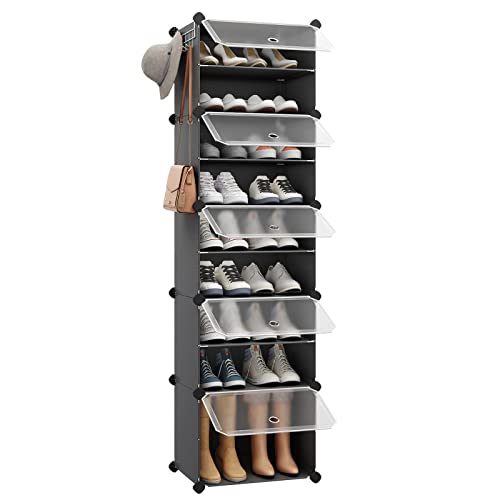 VIPZONE 20-Pair Shoe Rack, DIY Shoe Storage Shelf Organizer, Plastic Shoe Organizer for Entryway, Narrow Shoe Cabinet with Doors Grey