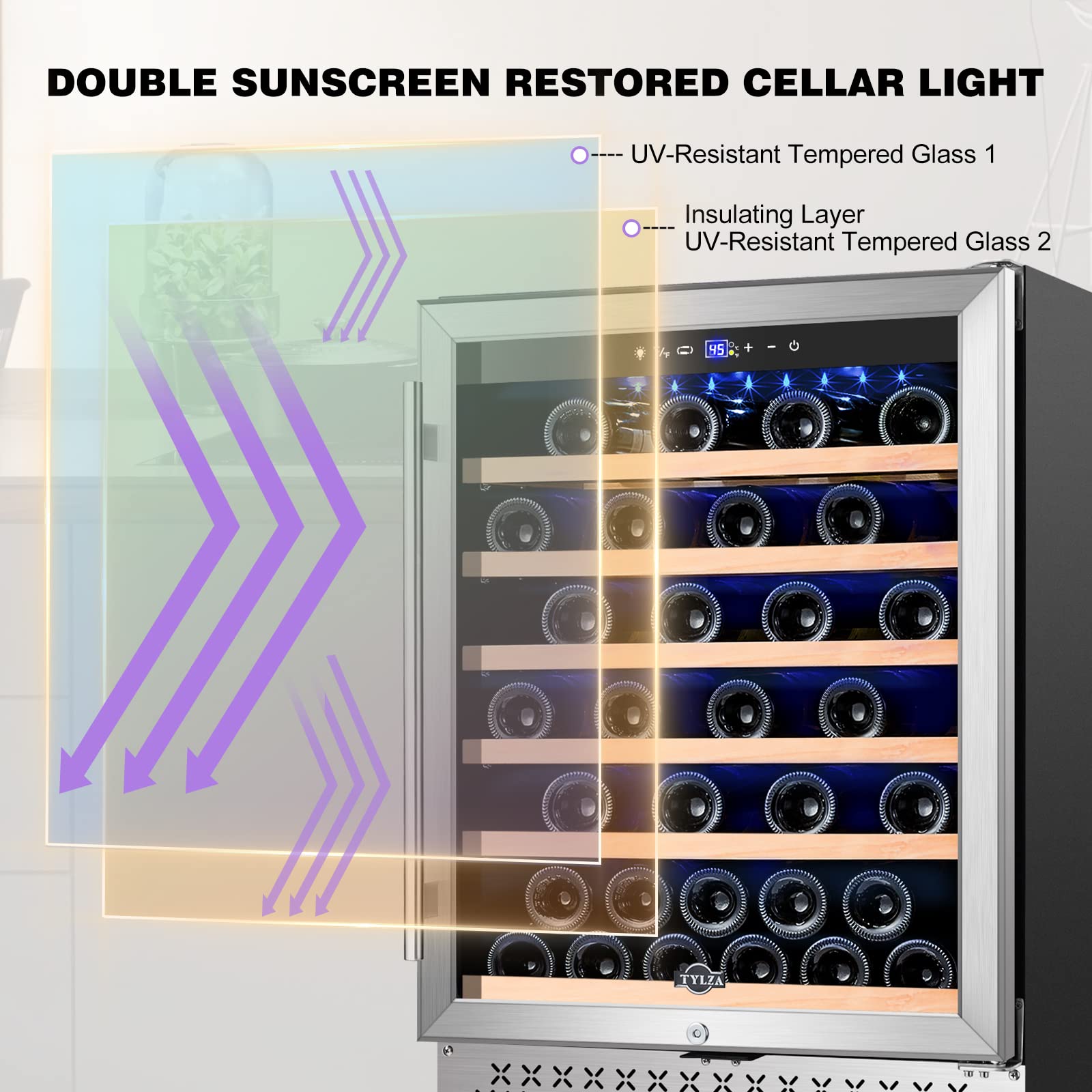 Tylza 24 Inch Wine Cooler Refrigerator 51 Bottle Built-in or Freestanding 24'' Fridge with Stainless Steel & Double Layer Tempered Glass Door and Temperature Memory Function