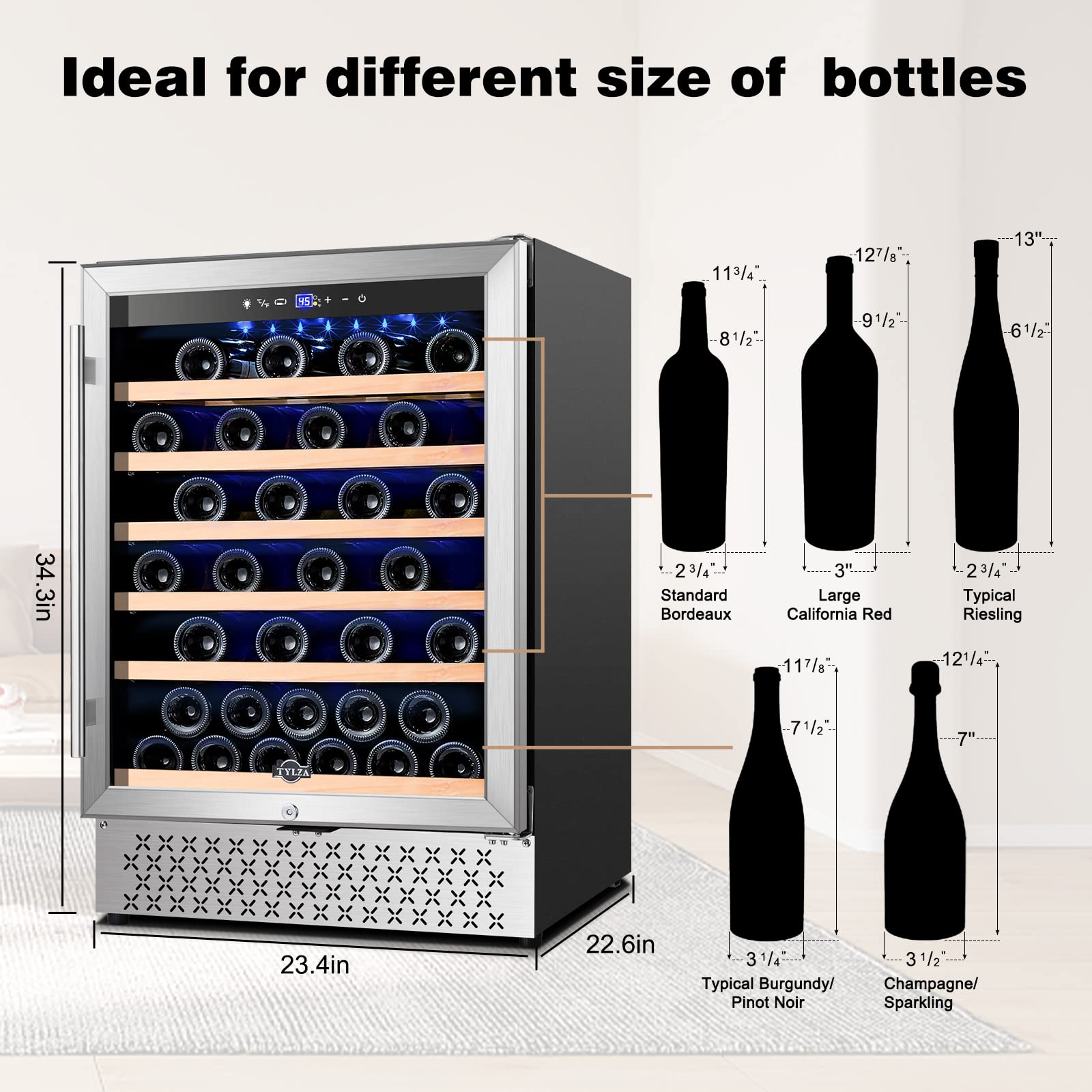 Tylza 24 Inch Wine Cooler Refrigerator 51 Bottle Built-in or Freestanding 24'' Fridge with Stainless Steel & Double Layer Tempered Glass Door and Temperature Memory Function