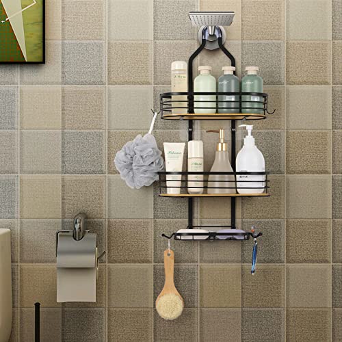 Fogein Bathroom Hanging Shower Caddy Over Shower Head Organizer, Rustproof Shower Organizer with Bamboo Board Hook & Soap Box, Over the Shower Head Caddy, Black