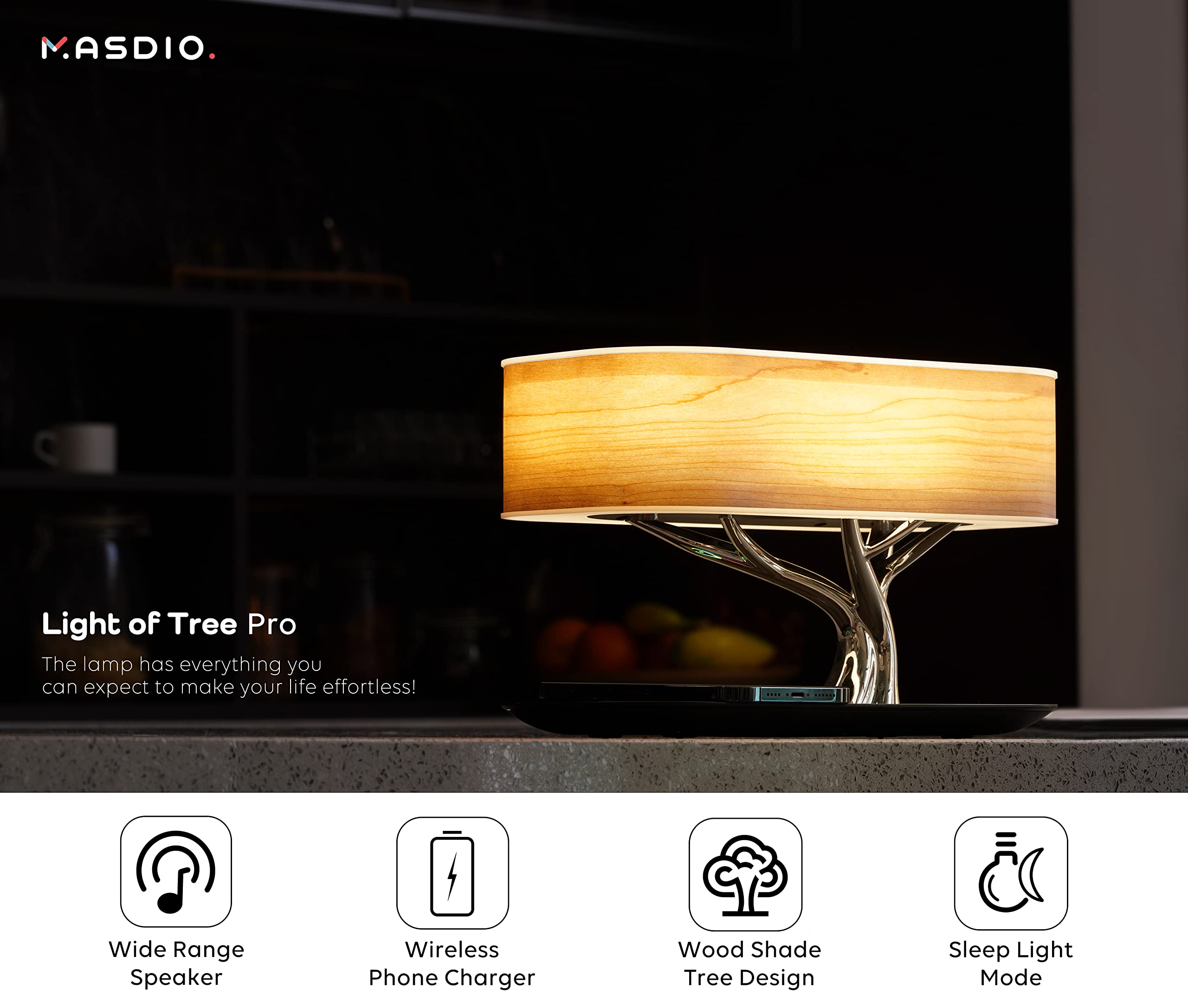 Masdio Bedside Lamp Light of Tree Pro Desk Lamp with 10W Fast Wireless Charger and Bluetooth Speaker, Touch Lamp for Bedroom