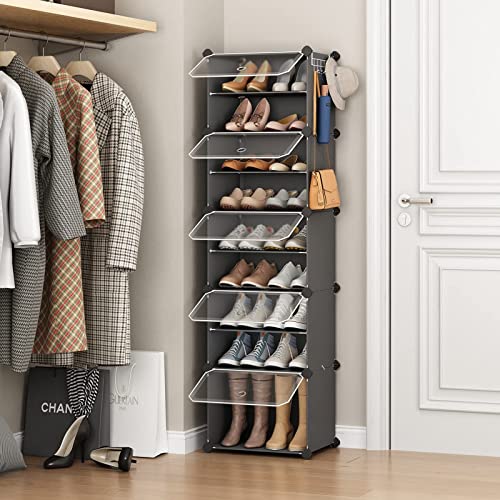 VIPZONE 20-Pair Shoe Rack, DIY Shoe Storage Shelf Organizer, Plastic Shoe Organizer for Entryway, Narrow Shoe Cabinet with Doors Grey