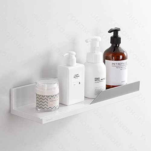 YOHOM White Adhesive Floating Shelf for Bathroom Tile Wall Stick on Shower Shelf Rack No Drilling Plastic Lightweight Shelf Organizer with Gray Guard