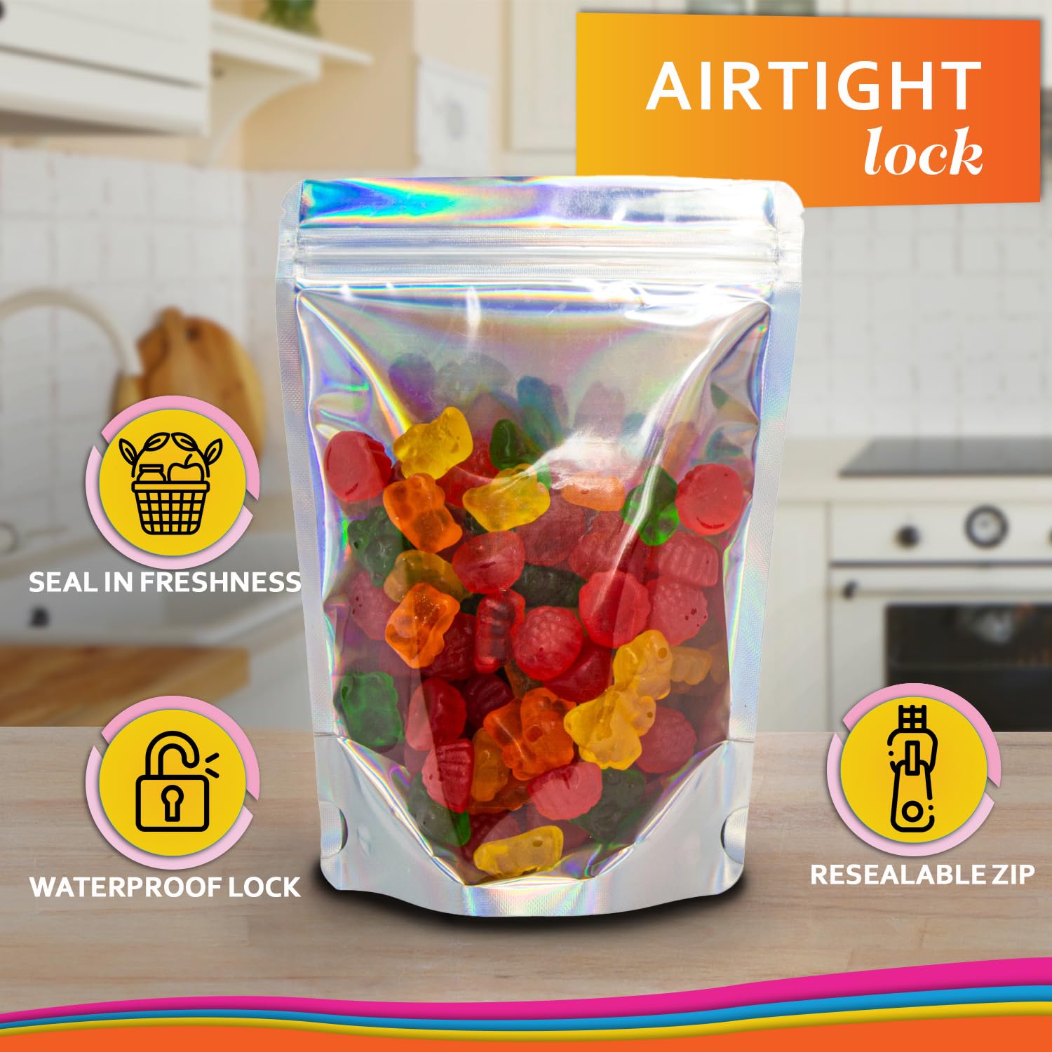 WaldOaks - 100 Pcs Iridescent Resealable Mylar Bags - 5x7 Inch Ziplock Heat Sealable Stand Up Pouches Parties Small Business Packaging