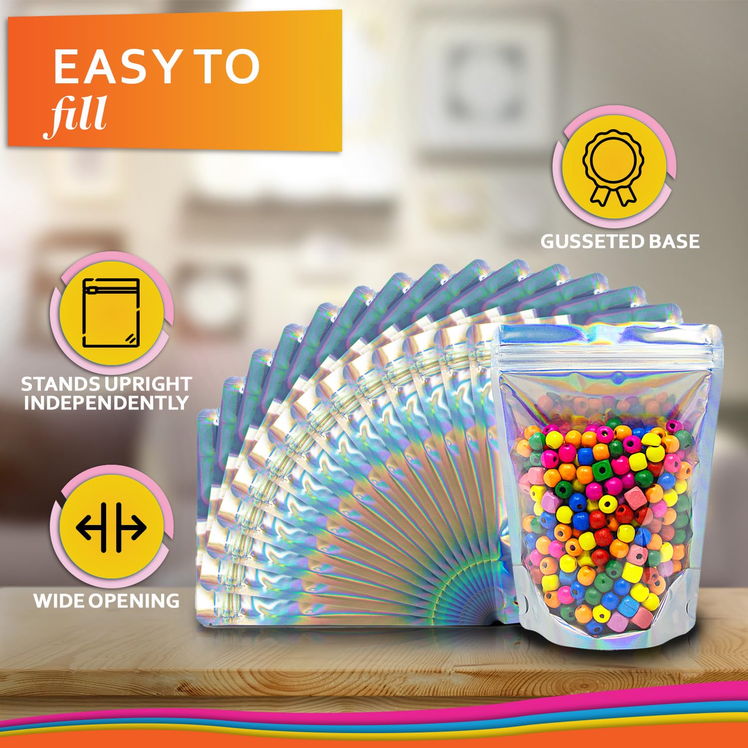 WaldOaks - 100 Pcs Iridescent Resealable Mylar Bags - 5x7 Inch Ziplock Heat Sealable Stand Up Pouches Parties Small Business Packaging