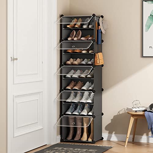 VIPZONE 20-Pair Shoe Rack, DIY Shoe Storage Shelf Organizer, Plastic Shoe Organizer for Entryway, Narrow Shoe Cabinet with Doors Grey
