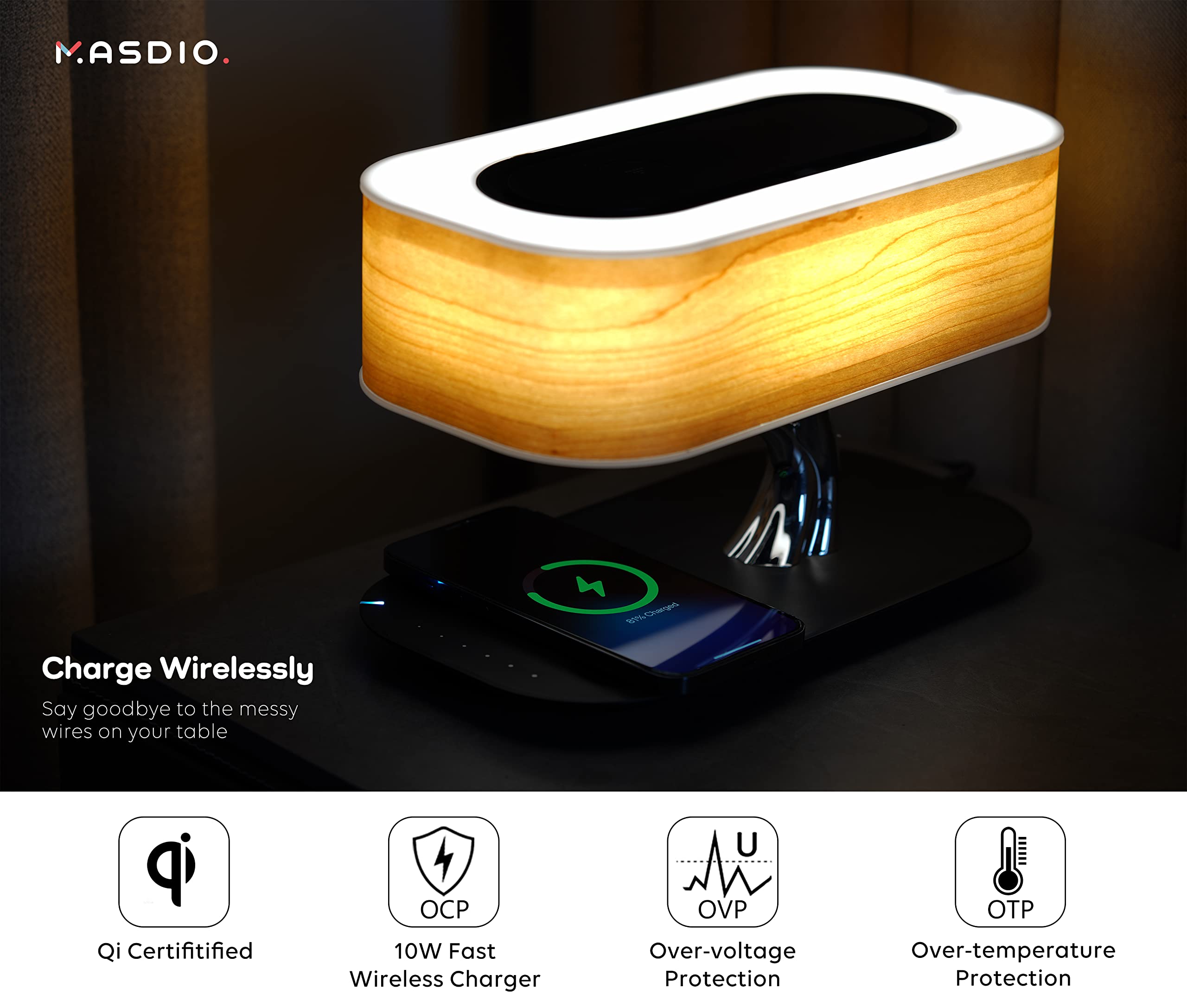 Masdio Bedside Lamp Light of Tree Pro Desk Lamp with 10W Fast Wireless Charger and Bluetooth Speaker, Touch Lamp for Bedroom