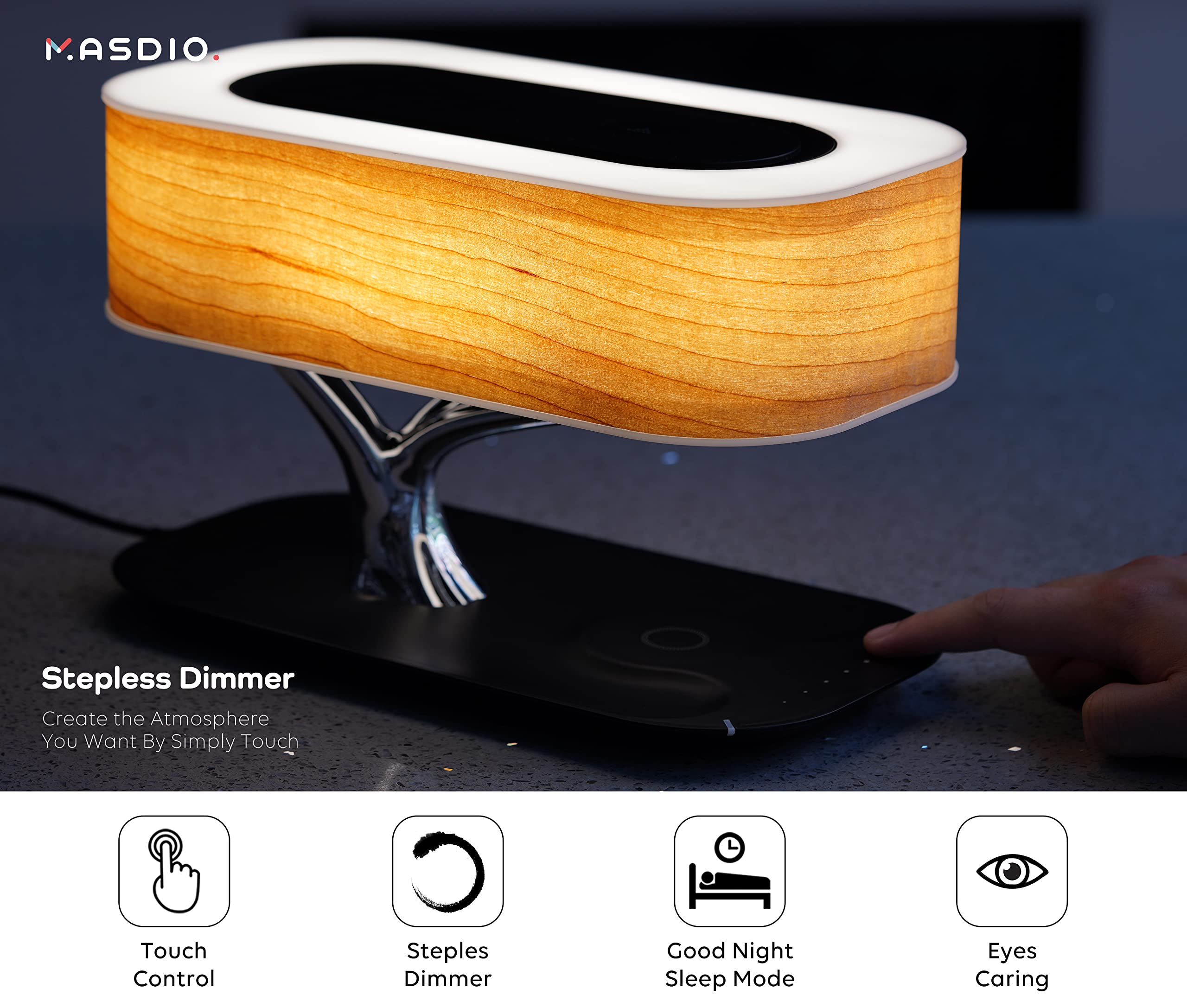 Masdio Bedside Lamp Light of Tree Pro Desk Lamp with 10W Fast Wireless Charger and Bluetooth Speaker, Touch Lamp for Bedroom
