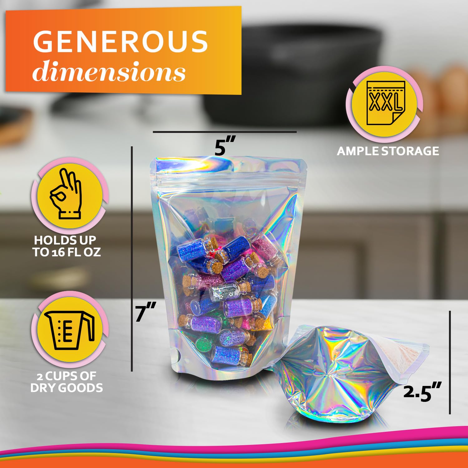 WaldOaks - 100 Pcs Iridescent Resealable Mylar Bags - 5x7 Inch Ziplock Heat Sealable Stand Up Pouches Parties Small Business Packaging
