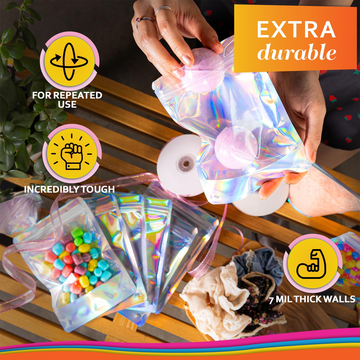 WaldOaks - 100 Pcs Iridescent Resealable Mylar Bags - 5x7 Inch Ziplock Heat Sealable Stand Up Pouches Parties Small Business Packaging