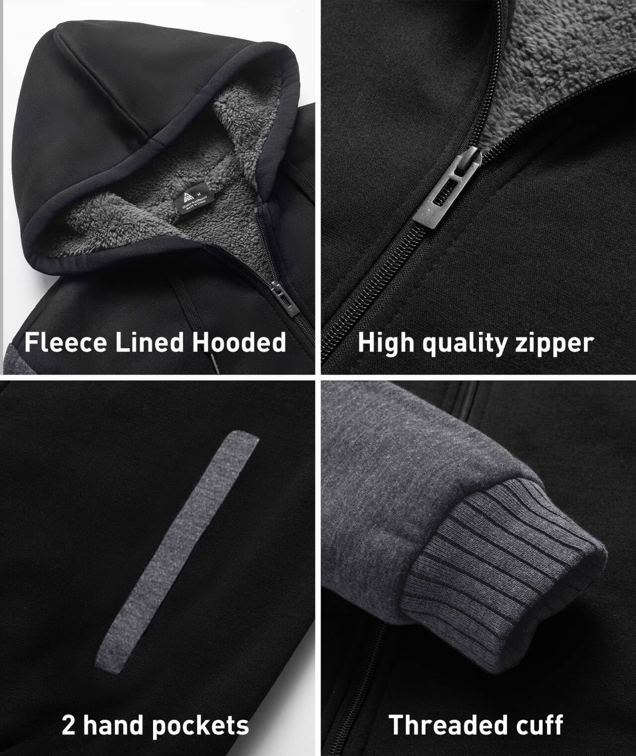 SCODI Hoodies for Men Heavyweight Fleece Sweatshirt - Full Zip Up Thick Sherpa Lined Hooded Jacket Black Middle gray 2XL