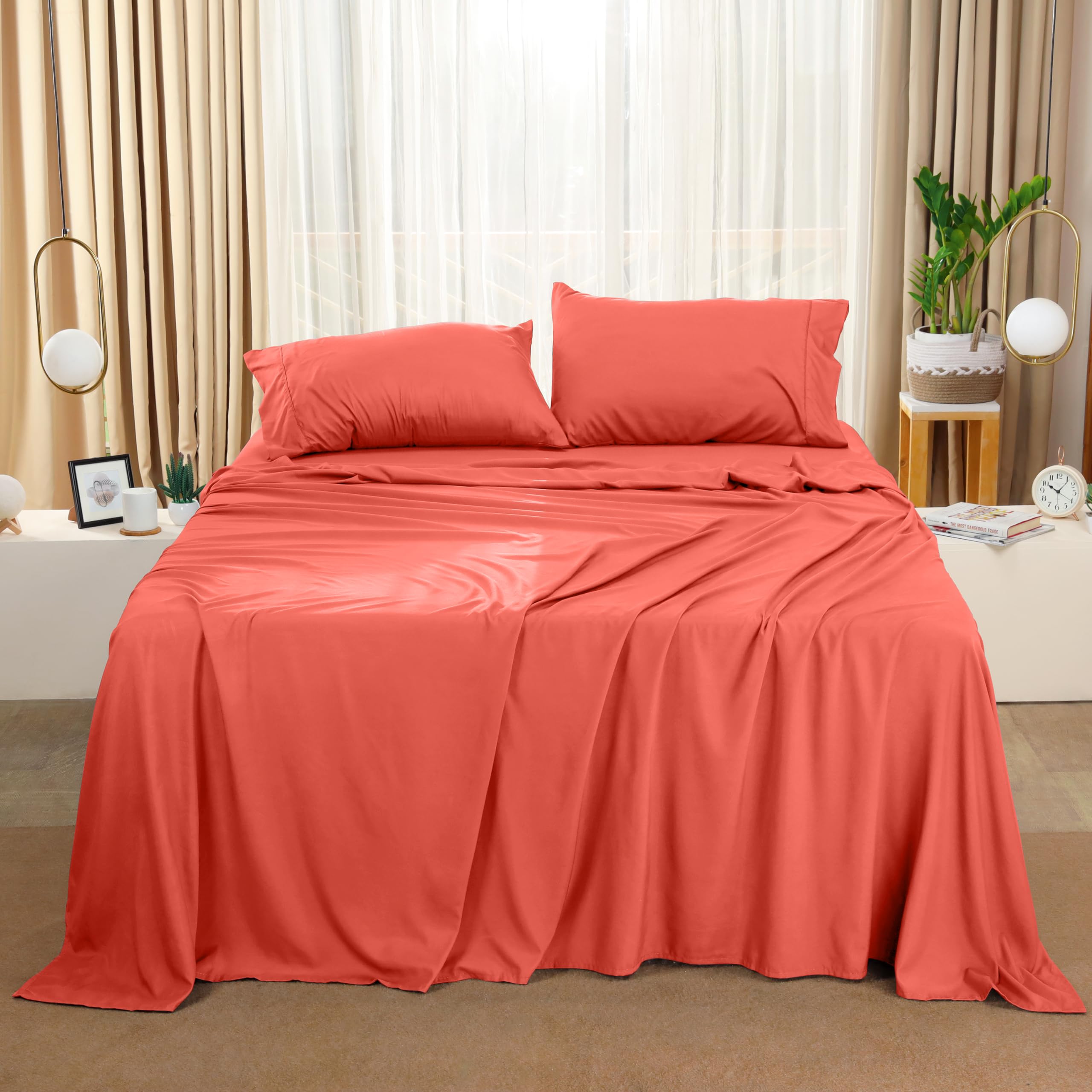 Utopia Bedding Queen Bed Sheets Set - 4 Piece Bedding - Brushed Microfiber - Shrinkage and Fade Resistant - Easy Care (Queen, Coral)