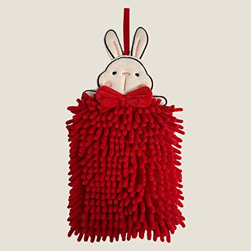 NUFR 2 Pack Cute Rabbit Red Chenille Hanging Hand Towel with Loop for Kitchen Bathroom, Absorbent Small Hand Drying Cloth